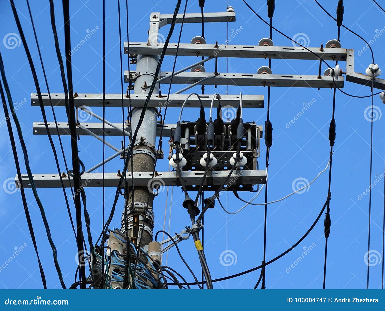 Powerline Insulators, Connectors and Tangled Wires on an Electrical ...