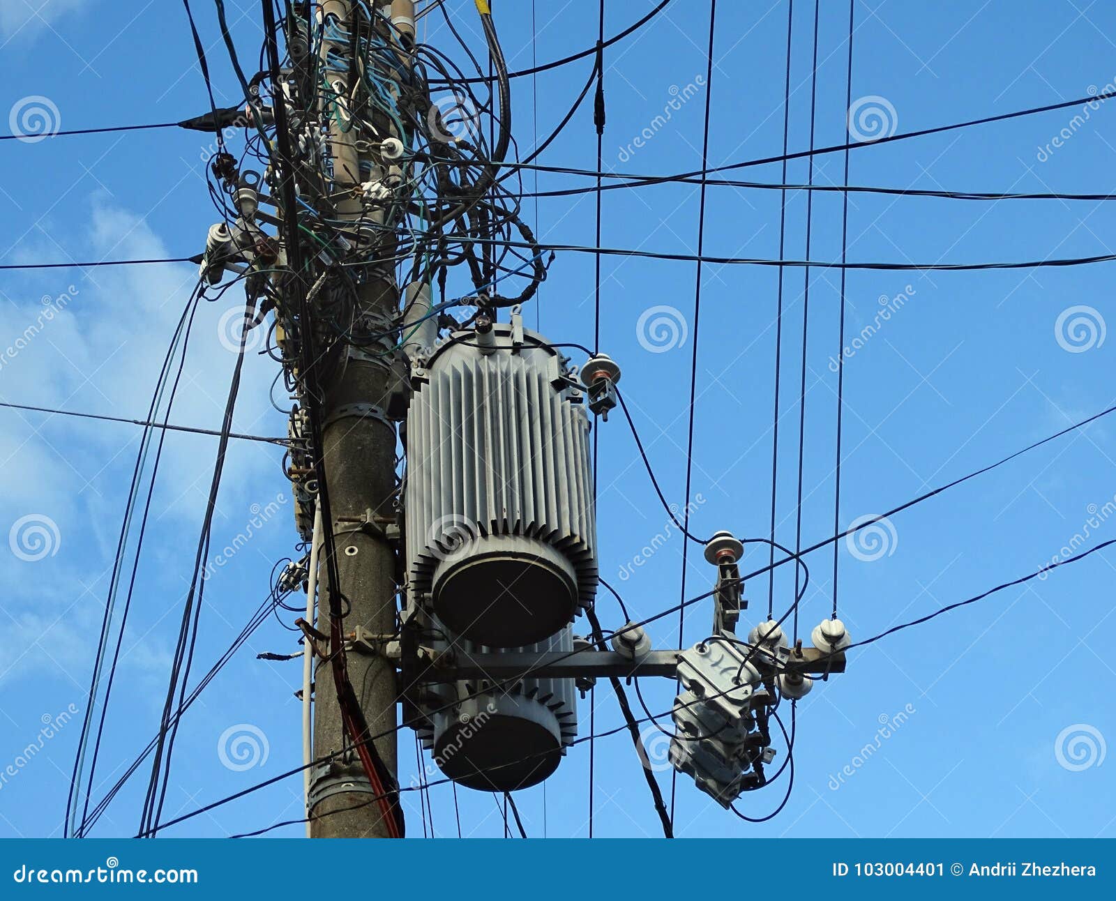 Powerline Insulators, Connectors And Tangled Wires On Electrical Pole ...