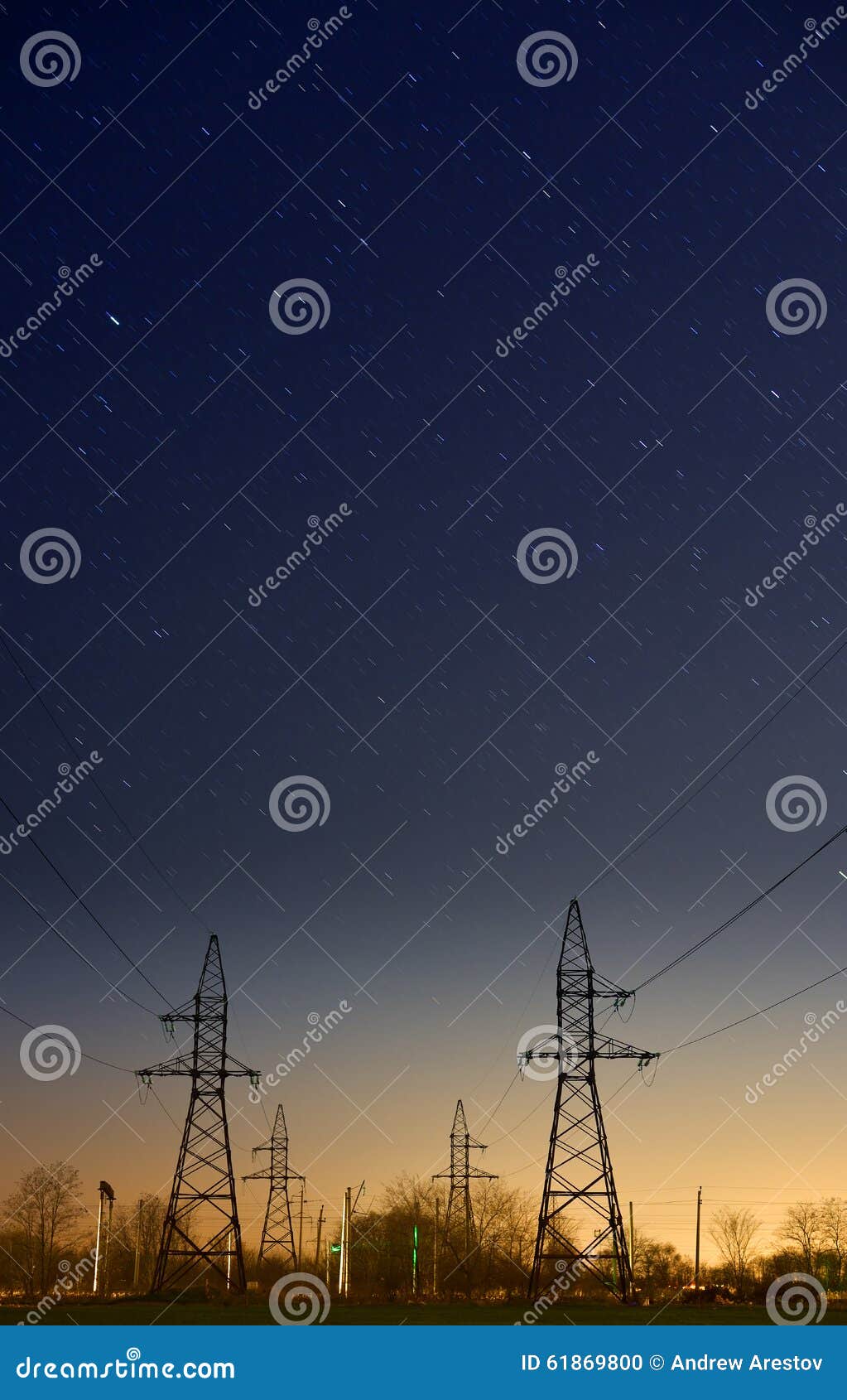Powerline at night stock photo. Image of landscape, ecology - 61869800