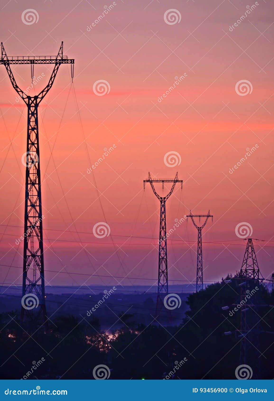 Powerline tower on sunset stock photo. Image of pole - 93456900