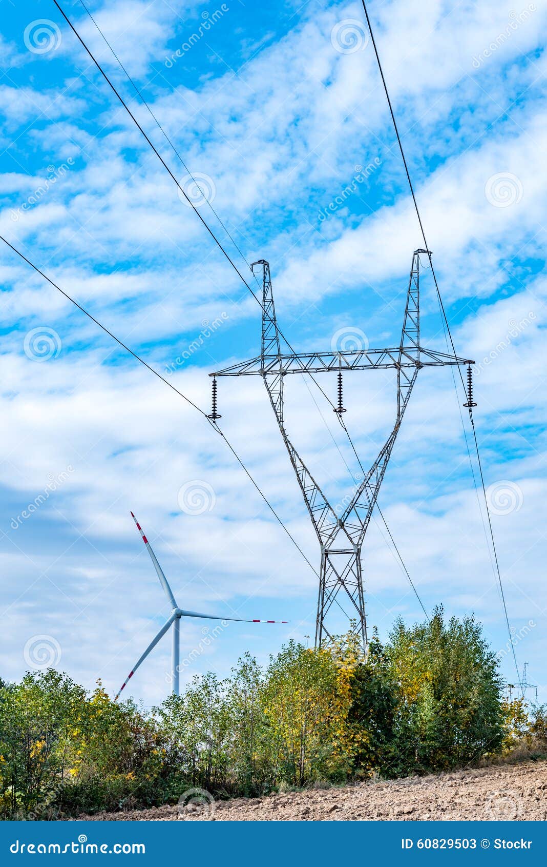 Powerlines and Windmills on the Field Stock Image - Image of pole ...