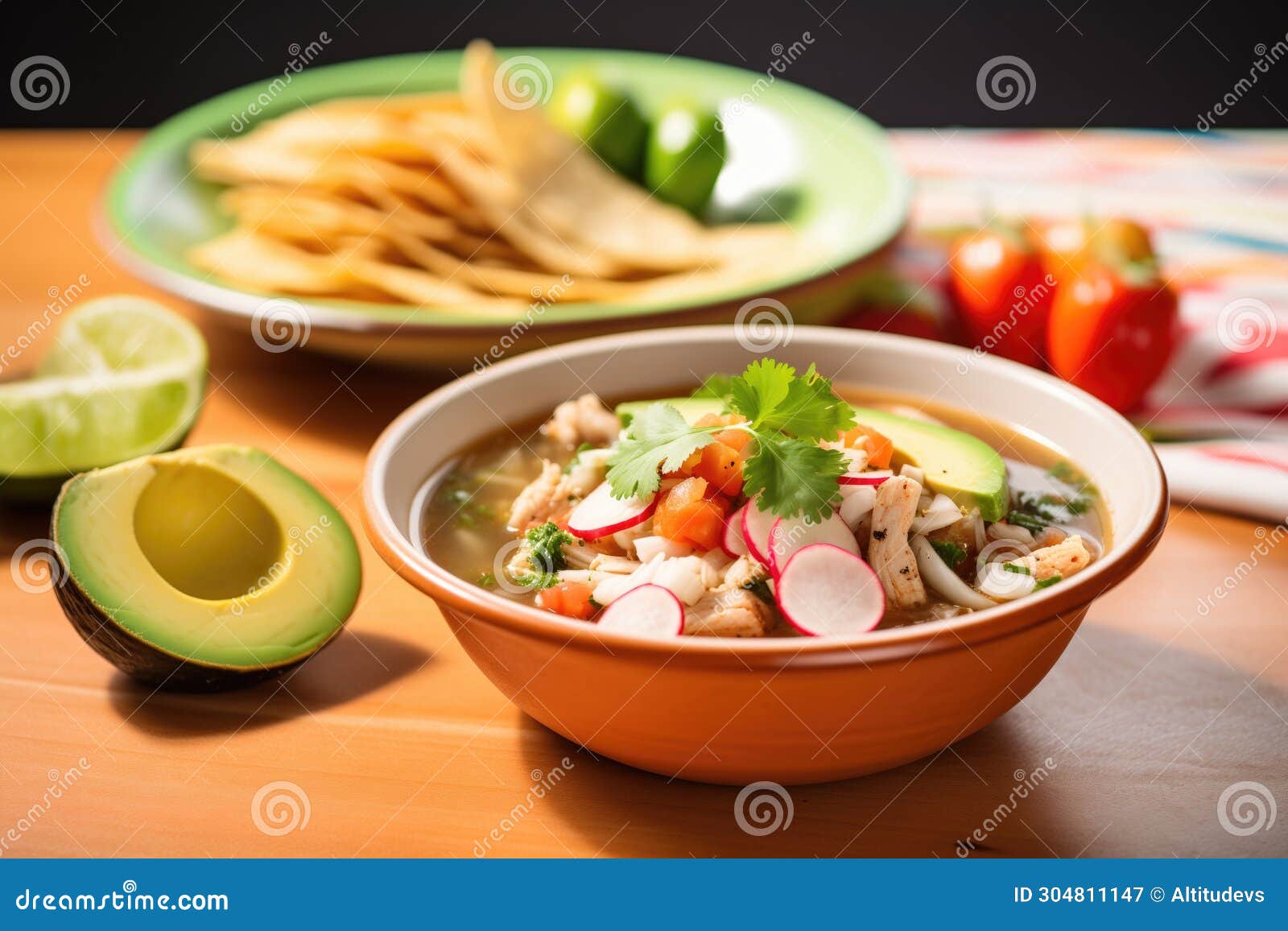 Pozole Bowl with Side of Tostadas and Avocado Stock Image - Image of ...