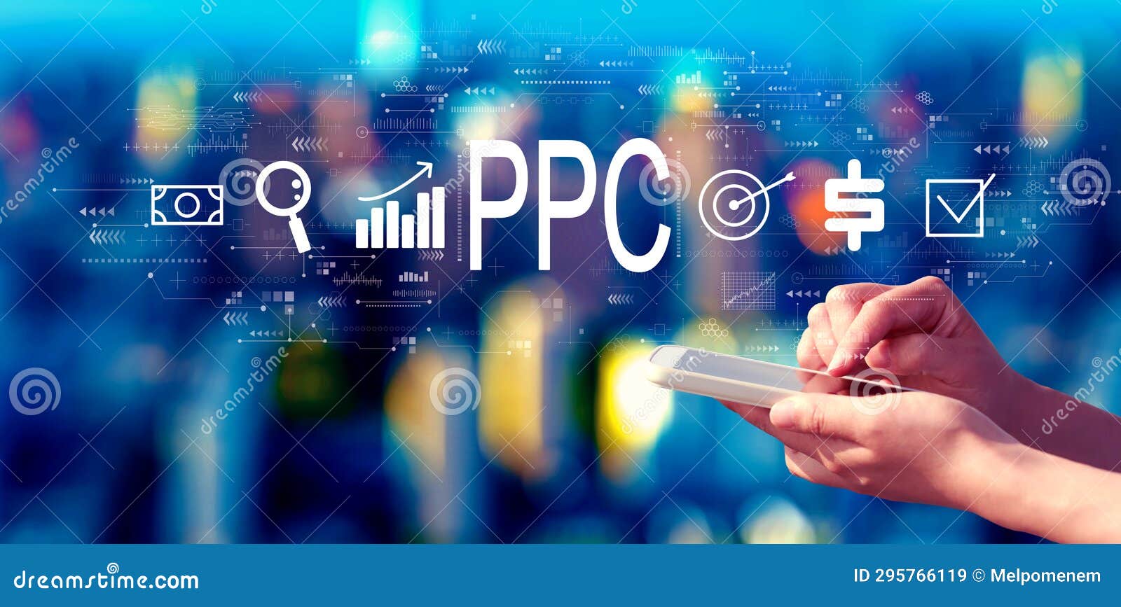 PPC - Pay Per Click Concept with Person Using a Smartphone at Night ...