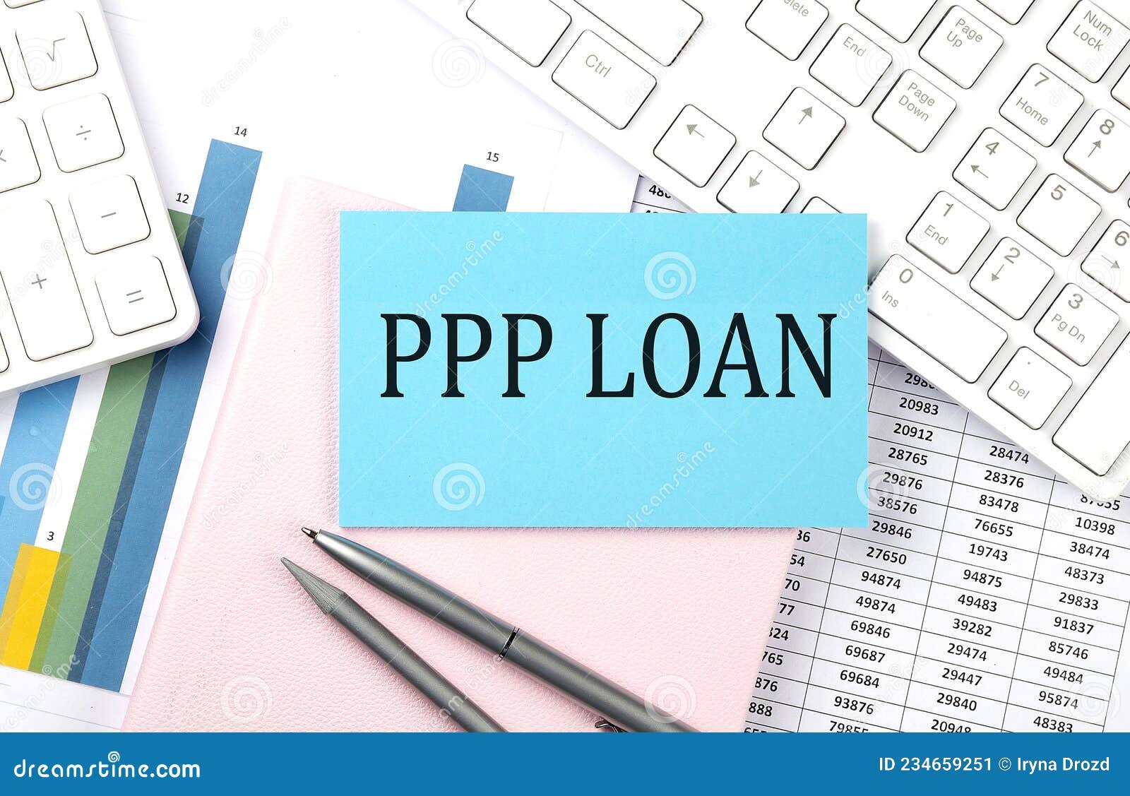 PPP LOAN Text on Blue Sticker on Chart with Calculator and Keyboard ...
