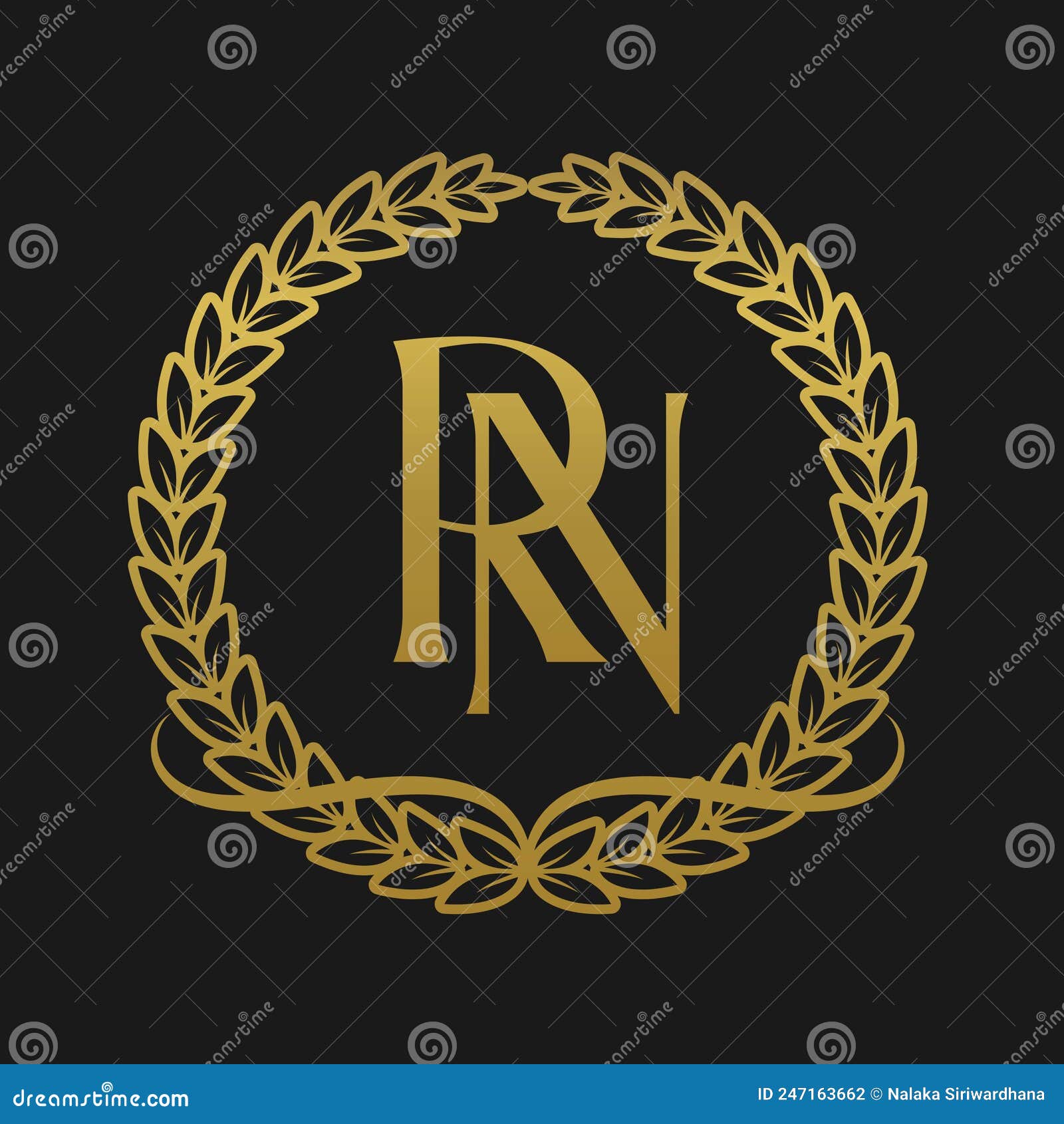 RN Letter Logo with Gold Laurel Wreath. Stock Vector - Illustration of ...