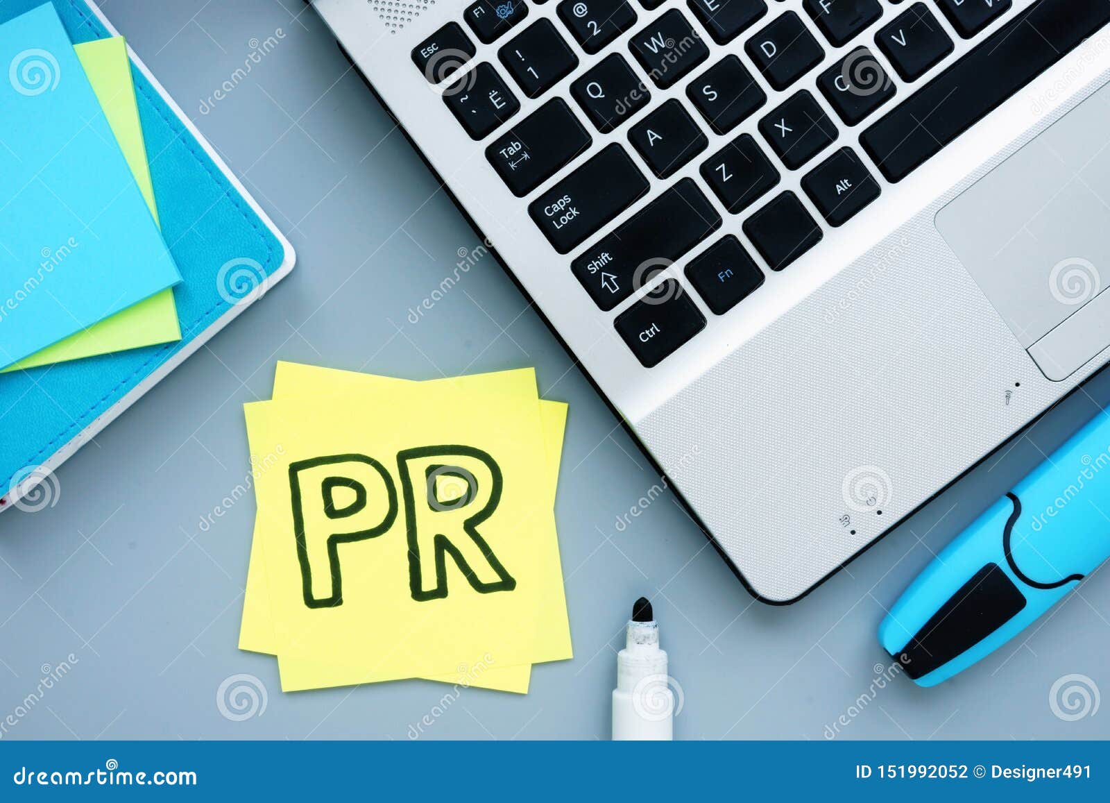 PR Public Relations Concept. Workplace with Laptop Stock Photo - Image ...