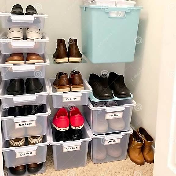 A Practical Shoe Storage Solution with Stackable Plastic Bins Each ...