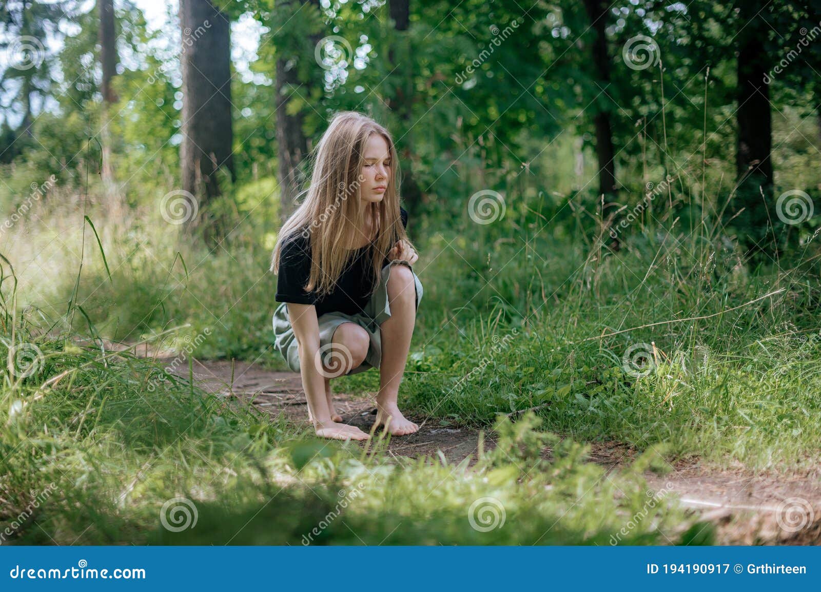 Practice Of Meditation And Interaction With Nature Girl In Green Forest Stock Image Image Of
