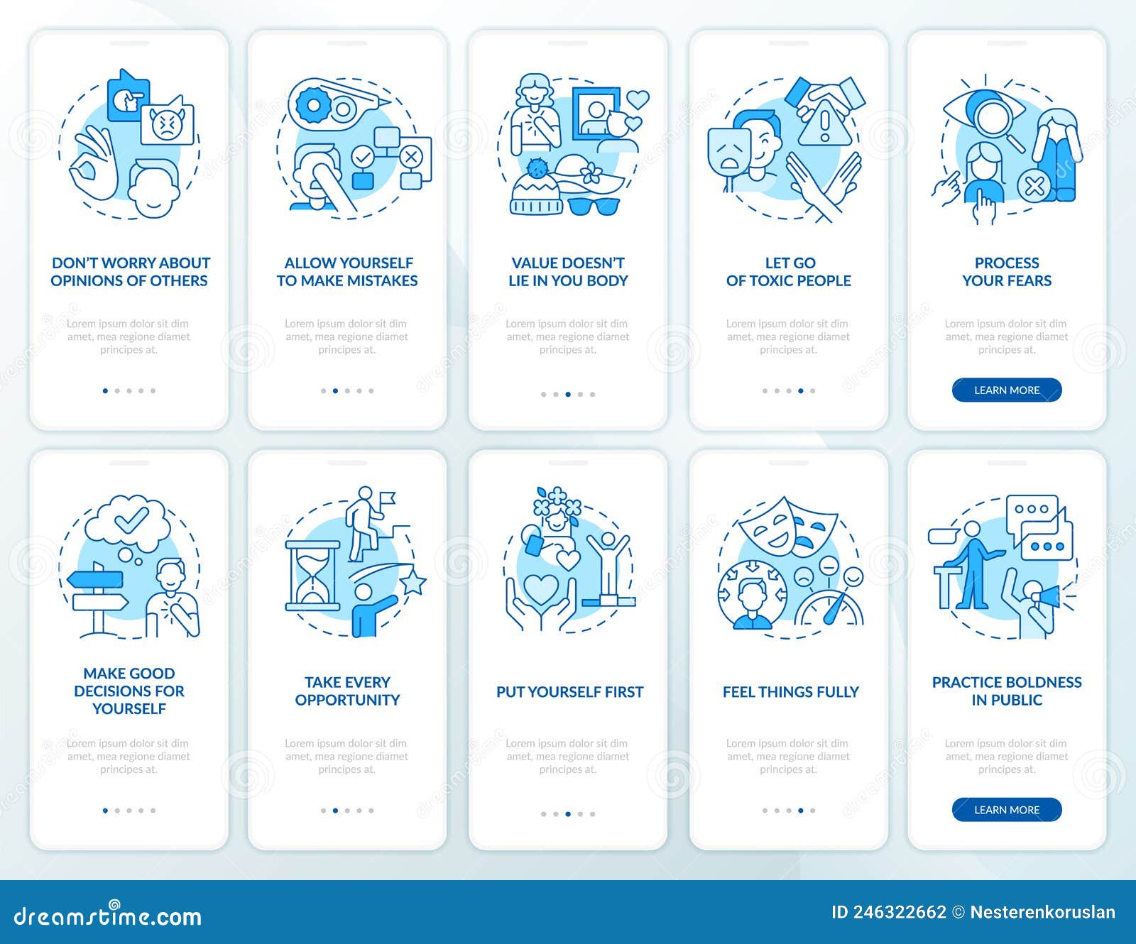 Practicing Self Love and Care Blue Onboarding Mobile App Screen Set ... Practicing Self Love and Care Blue Onboarding Mobile App Screen Set ...