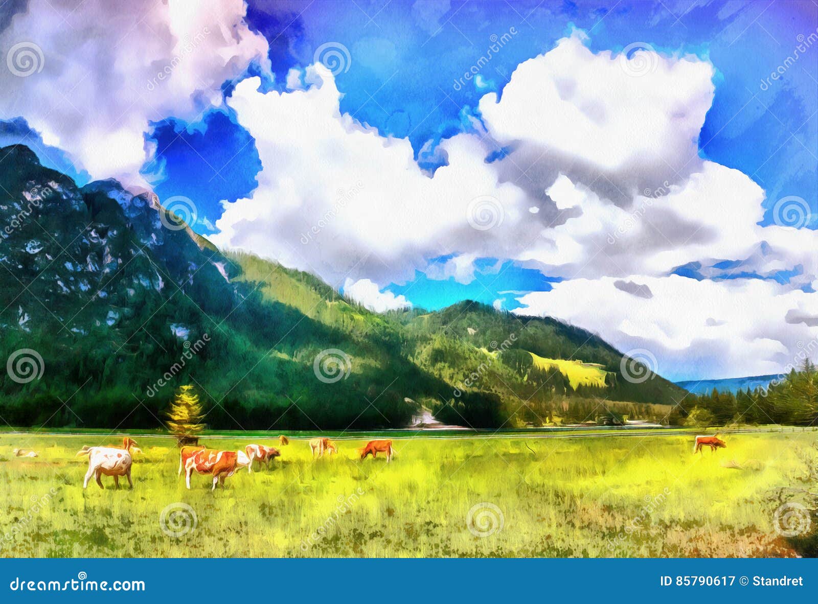 Pracy W Stylu Akwarela Obrazu Pastwiska Krowa Obraz Stock - Obraz ...