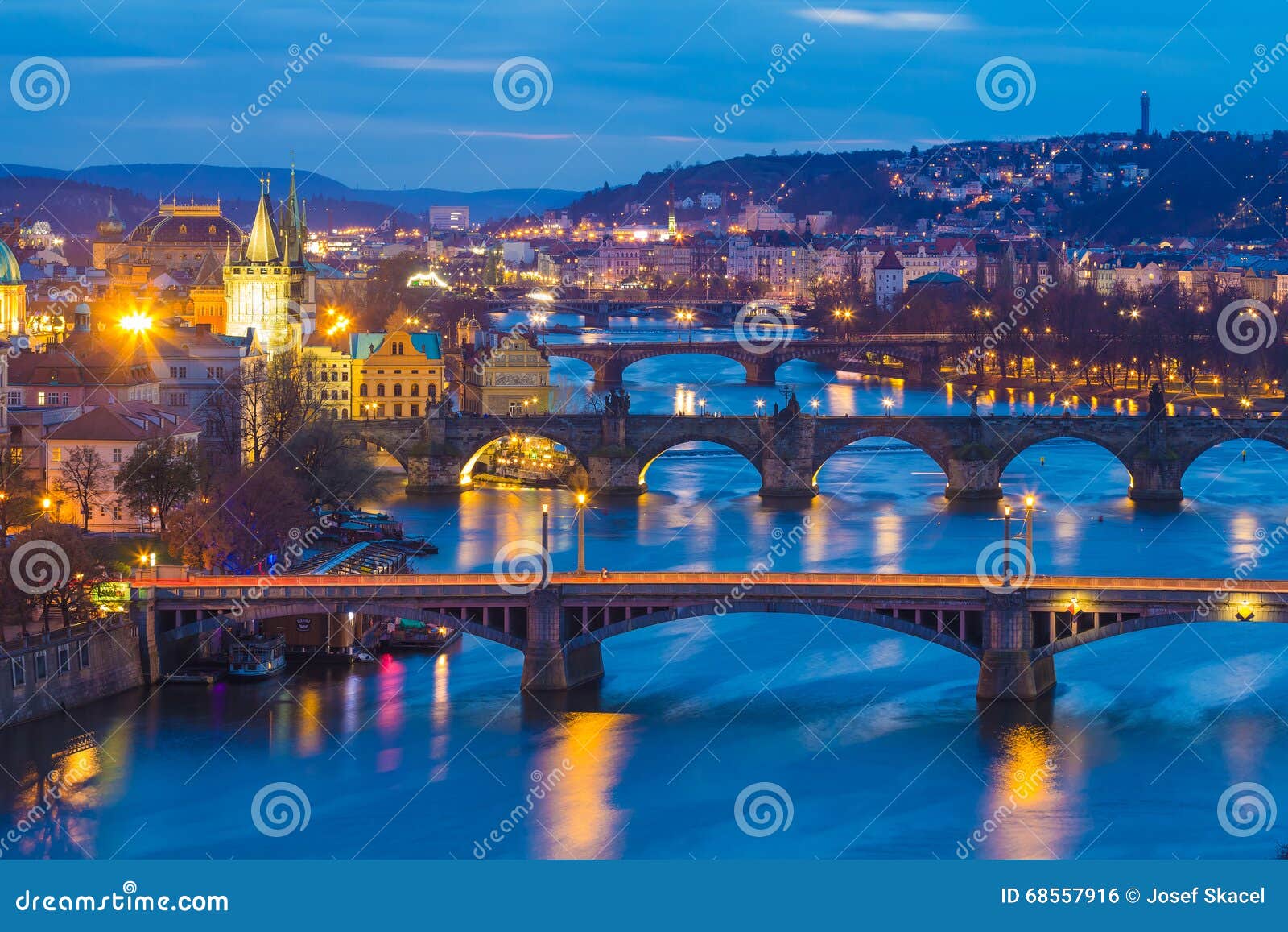 Prague Bridges Panorama during Evening, Prague. Czech Republic Stock ...