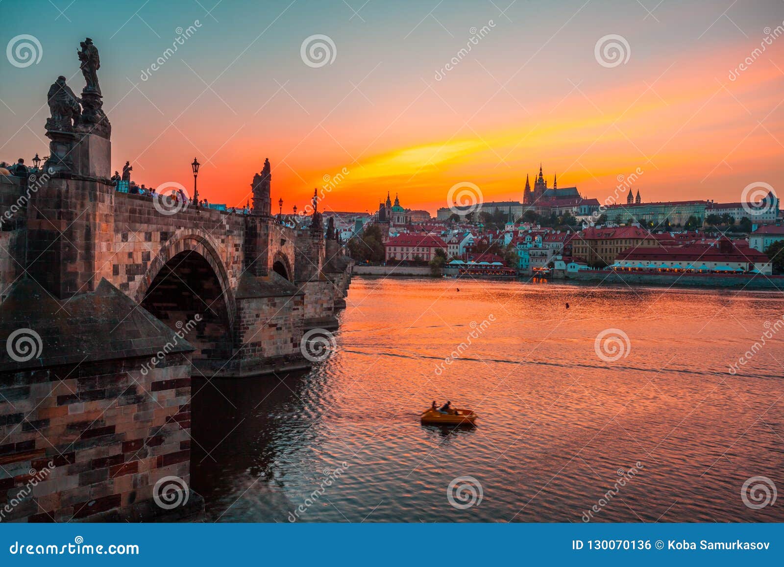 Prague Castle and Charles Bridge at Sunset, Czech Republic Stock Photo ...
