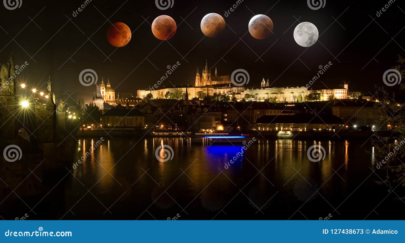 Prague Castle in Czech Republic with Total Eclipse of Moon Stock Image ...