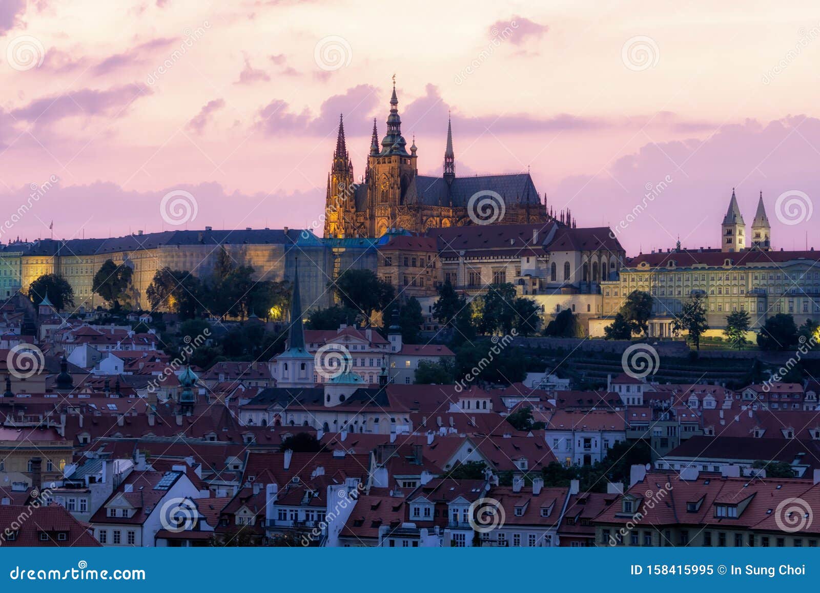 Prague Castle Illuminated Sunset View Stock Image - Image of landmark ...