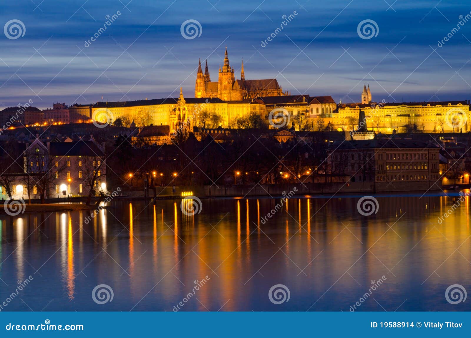 Prague Castle and Vltava River Night Panorama Stock Photo - Image of ...