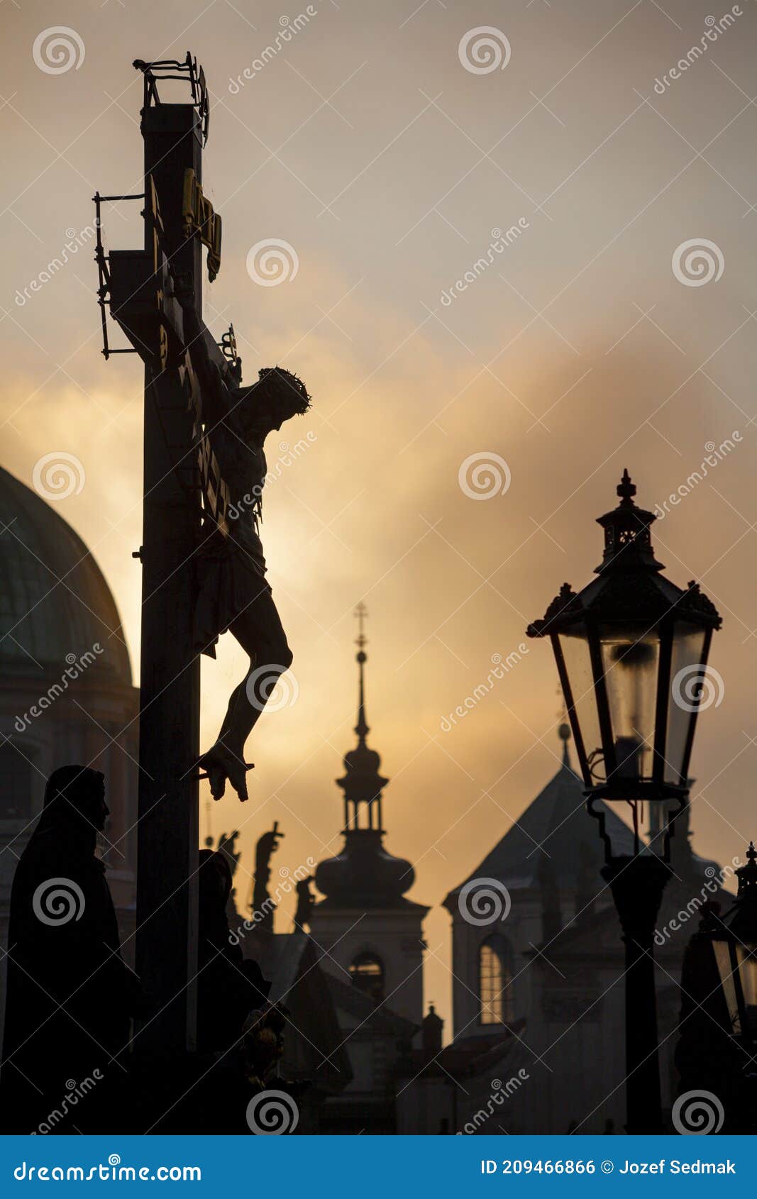 Prague Cross on the Charles Bridge by Sunrise - Silhouette Stock Photo ...