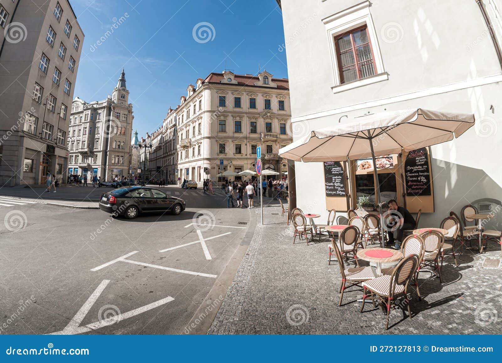 Prague, Czech Republic - May 18, 2017: Cafe on Franz Kafka Square in ... Prague, Czech Republic - May 18, 2017: Cafe on Franz Kafka Square in ...