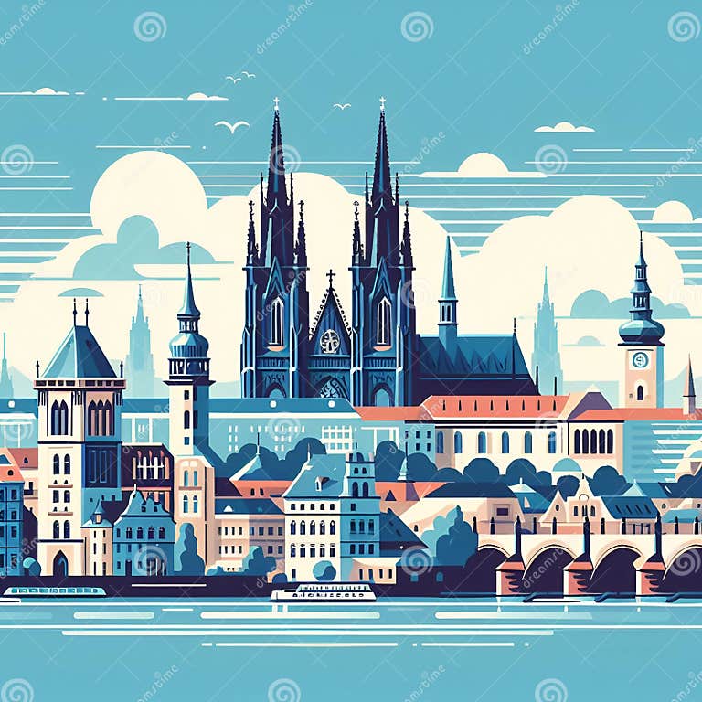 Prague Flat Vector City Skyline Stock Illustration - Illustration of ...