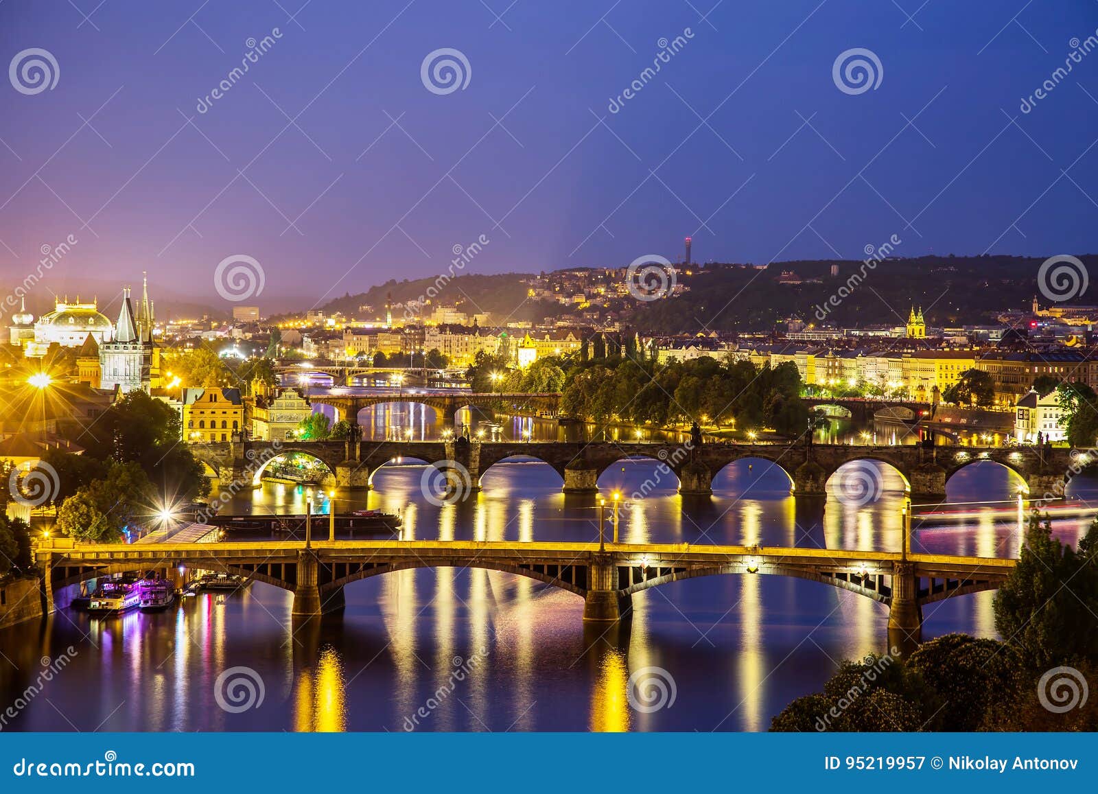 Prague at Twilight Blue Hour, View of Bridges on Vltava Stock Image ...