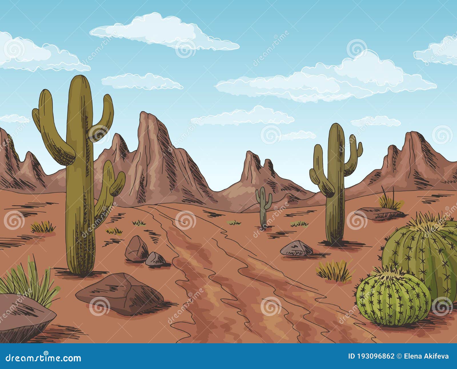 Prairie Road Graphic Color Desert Landscape Sketch Illustration Vector ...