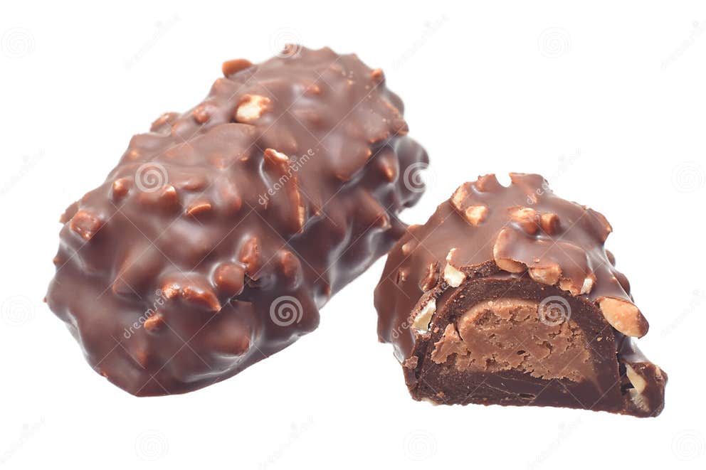 Chocolate Pralines with Nuts Pieces Isolated on White Stock Image ...