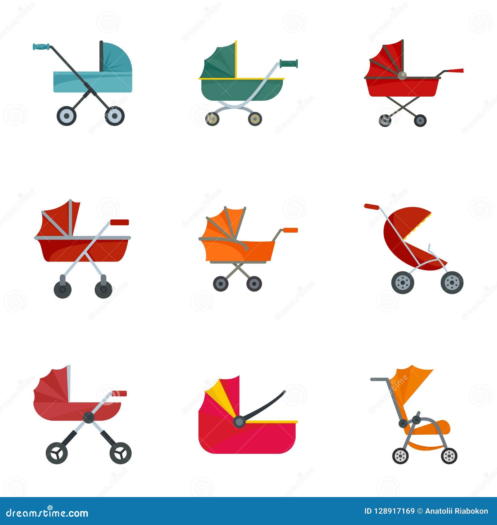 Pram icon set, flat style stock vector. Illustration of pram - 128917169