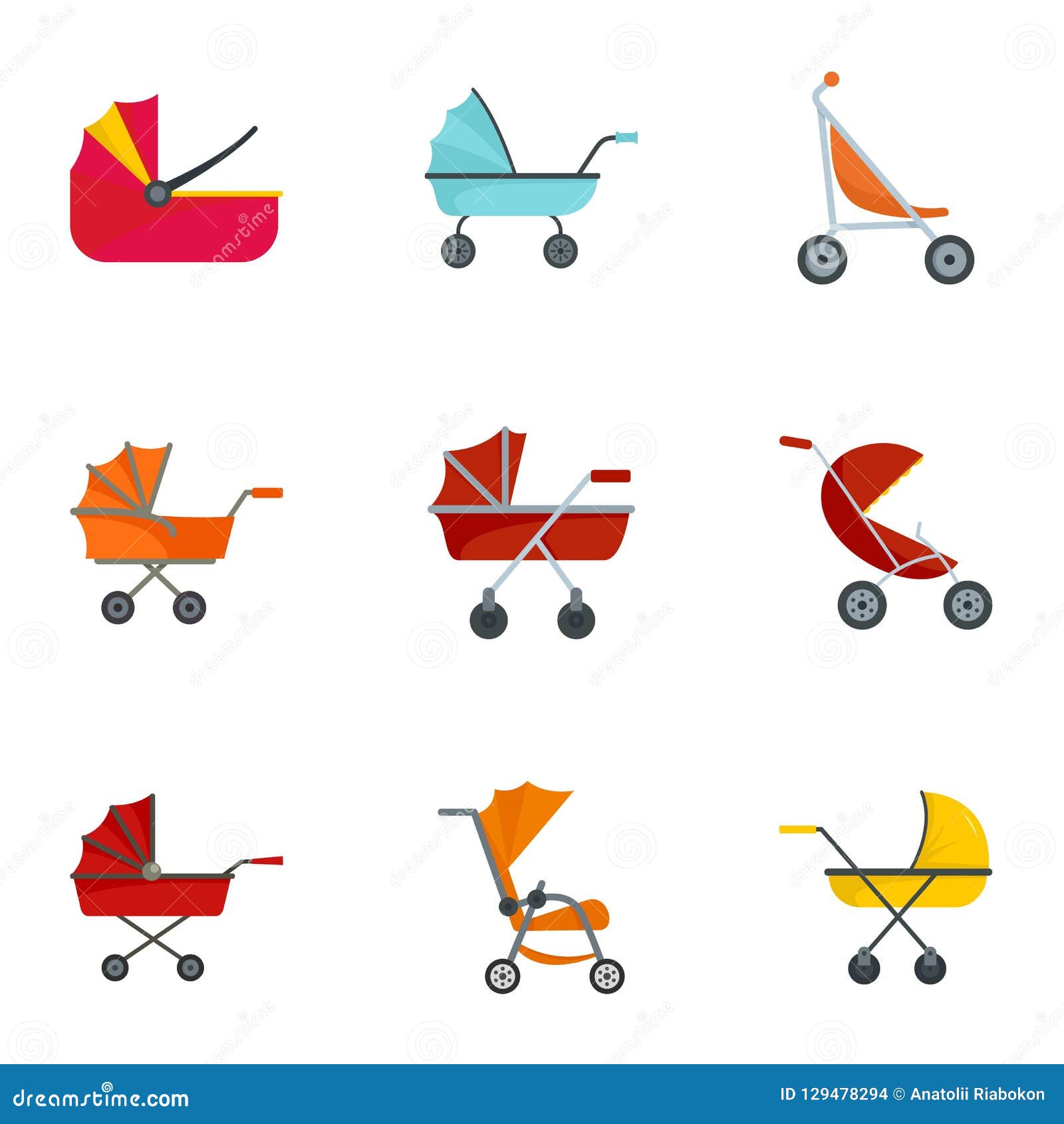 Pram Stroller Icon Set, Flat Style Stock Vector - Illustration of design, family: 129478294