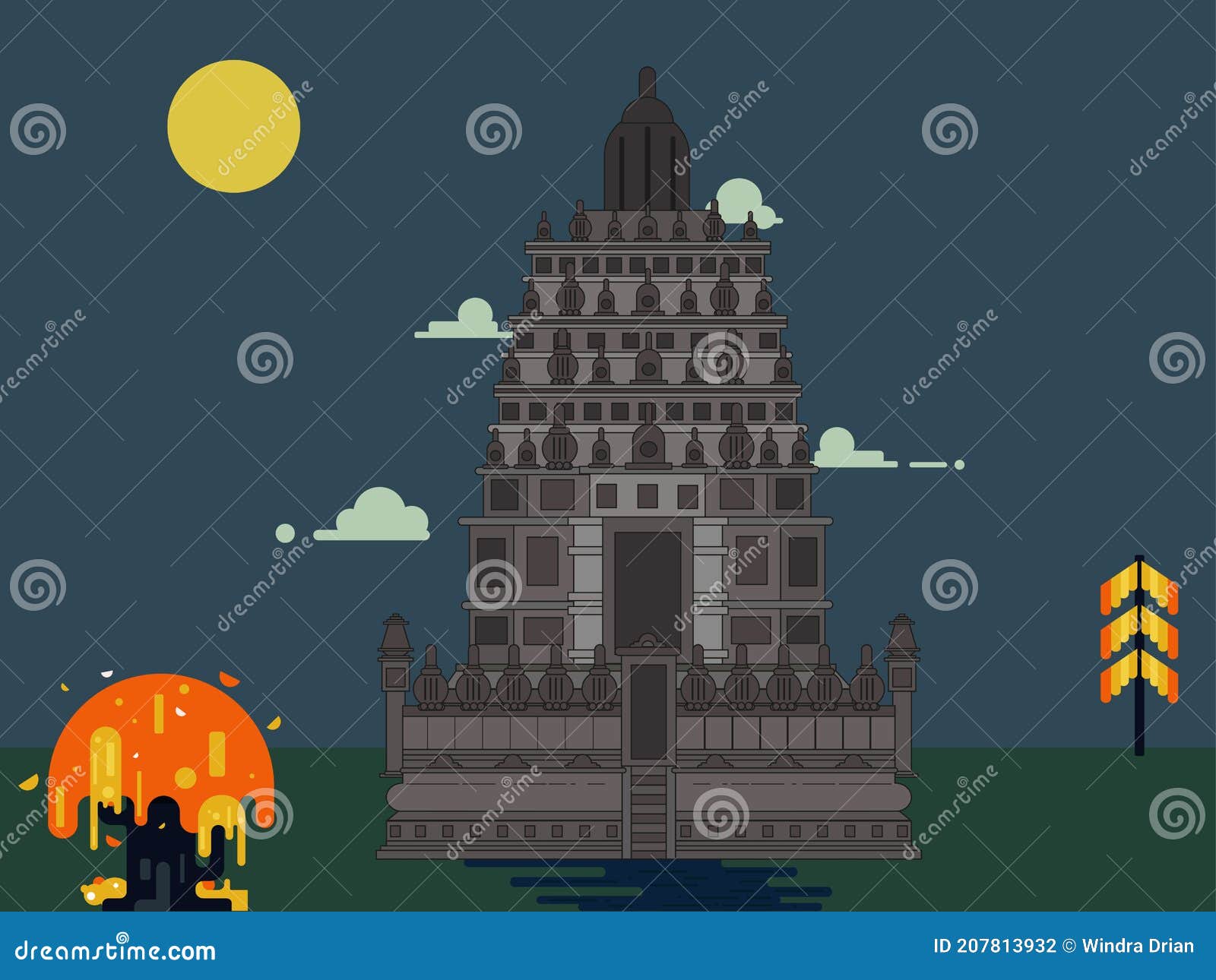 Prambanan Temple Night Landscape Stock Illustration - Illustration of ...