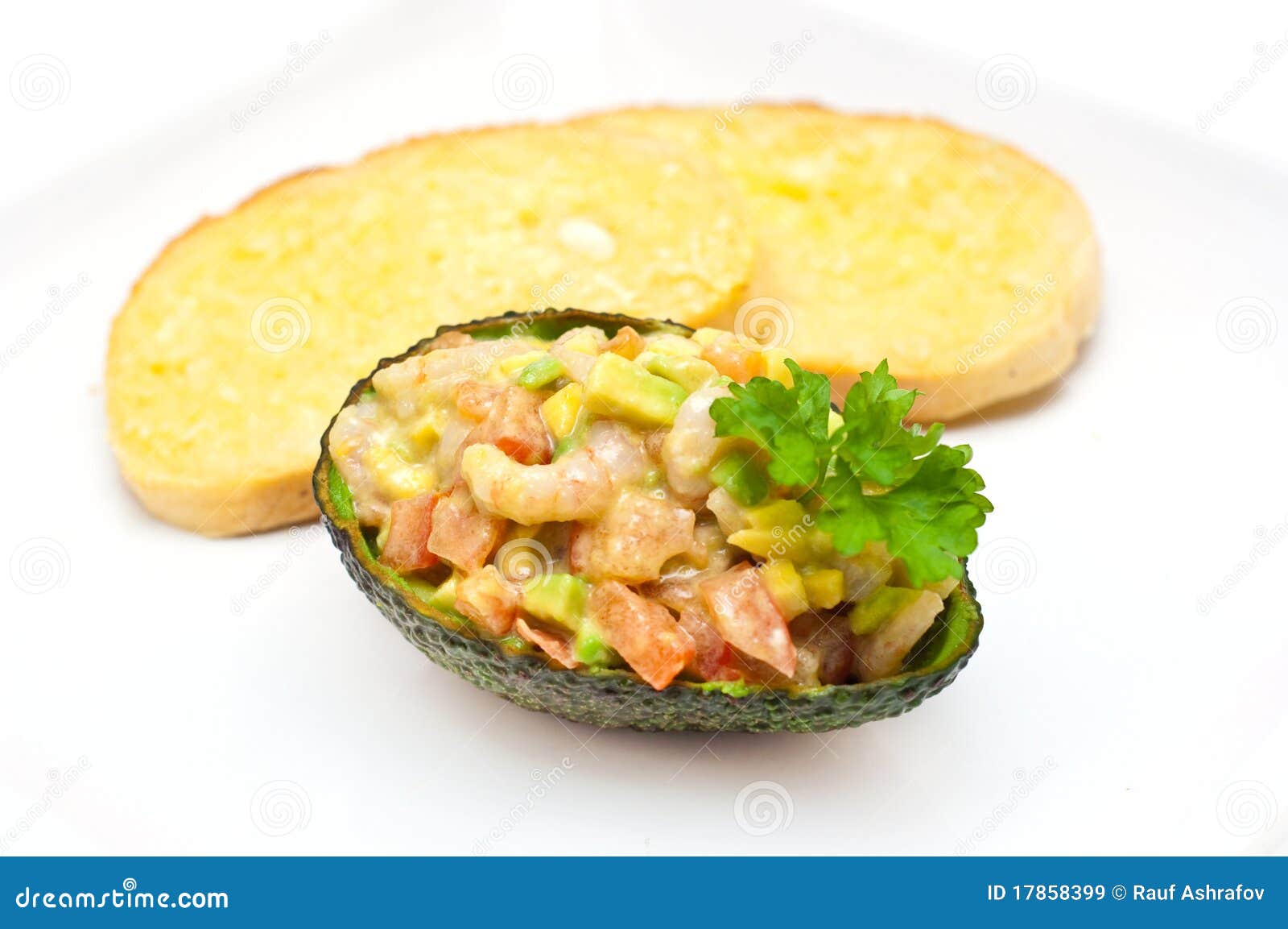 Prawn and Avocado Salad with Garlic Bread Stock Image - Image of ...