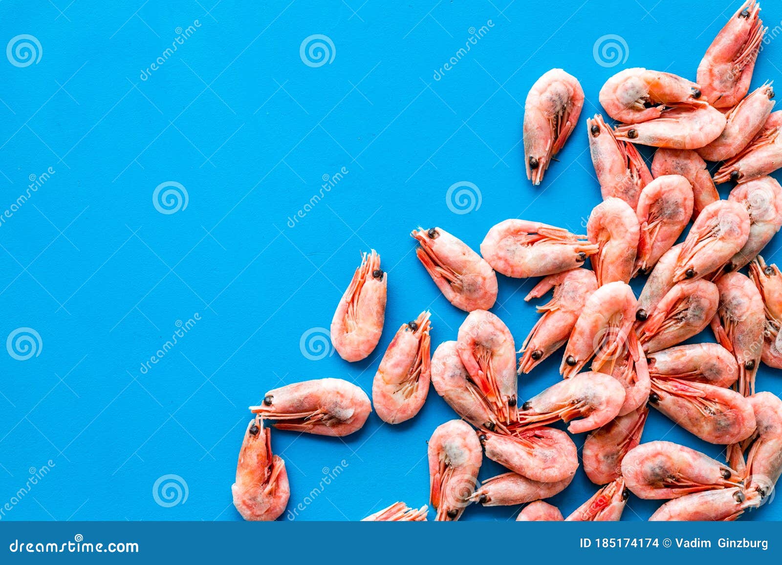 Prawn Background on Blue Table Top View Frame Copy Space Stock Photo ...