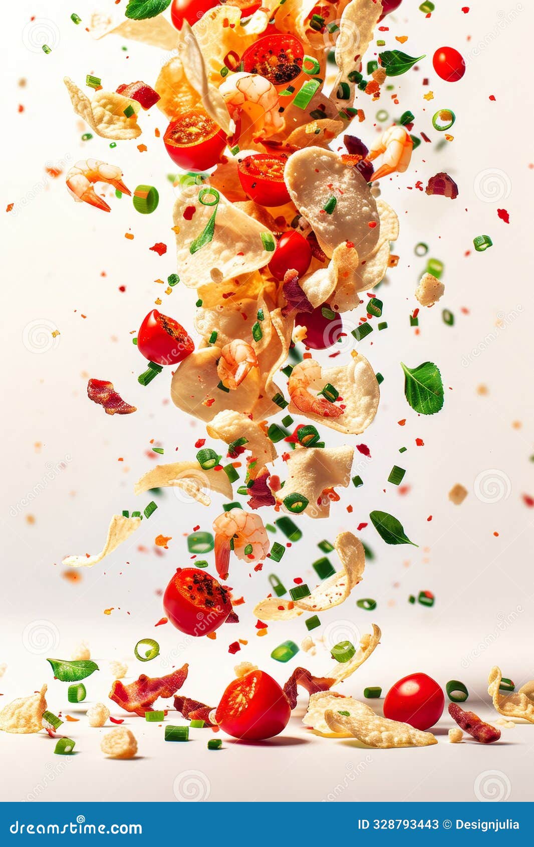 Prawn Cocktail with Chips and Tomatoes Falling Ingredients on White ...