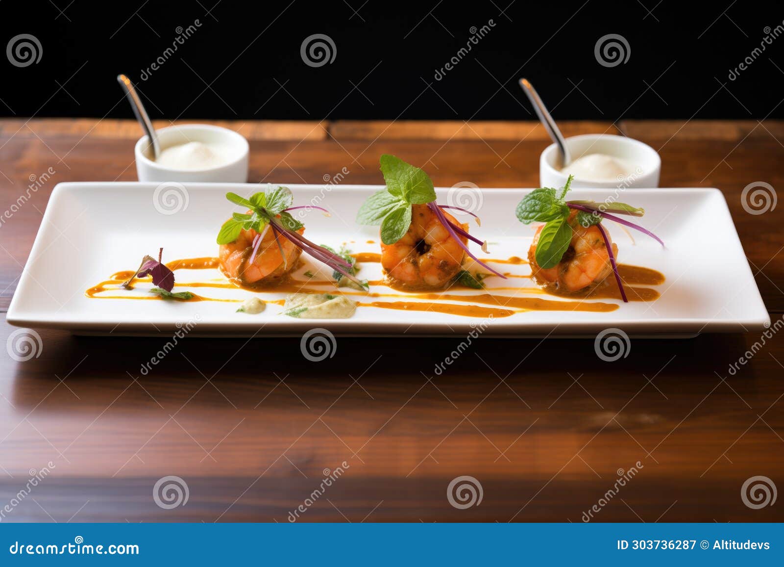 Prawn Curry Trio Sampler on a Long Rectangular Plate Stock Image ...