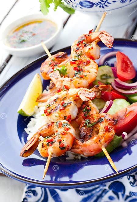 Prawn skewers stock photo. Image of grilled, dinner, green - 24104714