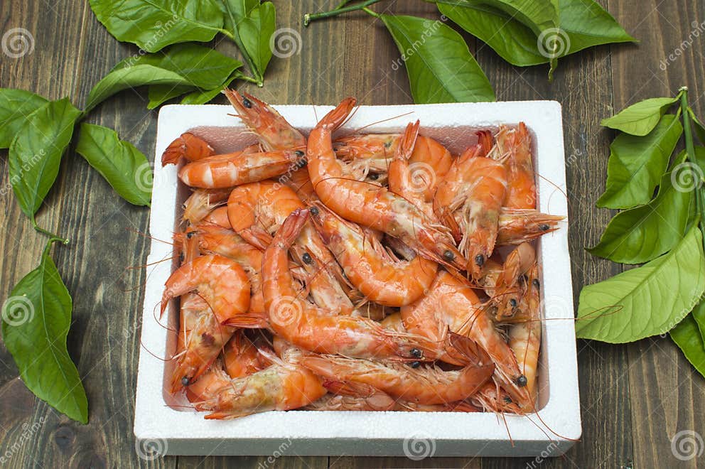 Prawns box on the table stock image. Image of prepared - 72367865