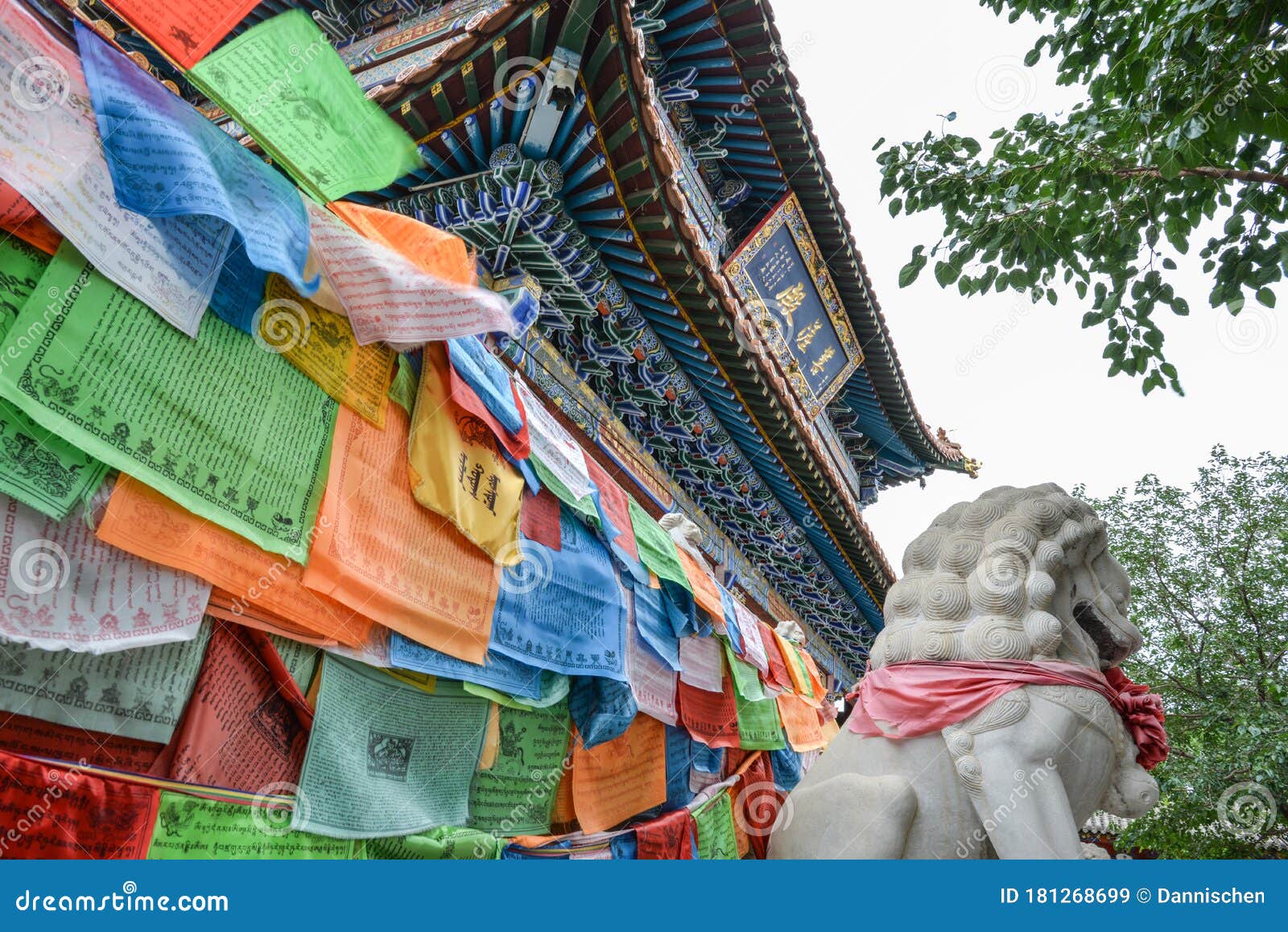 Ancient Chinese Structures Stone Lion and Prayer Flags Editorial Stock ...