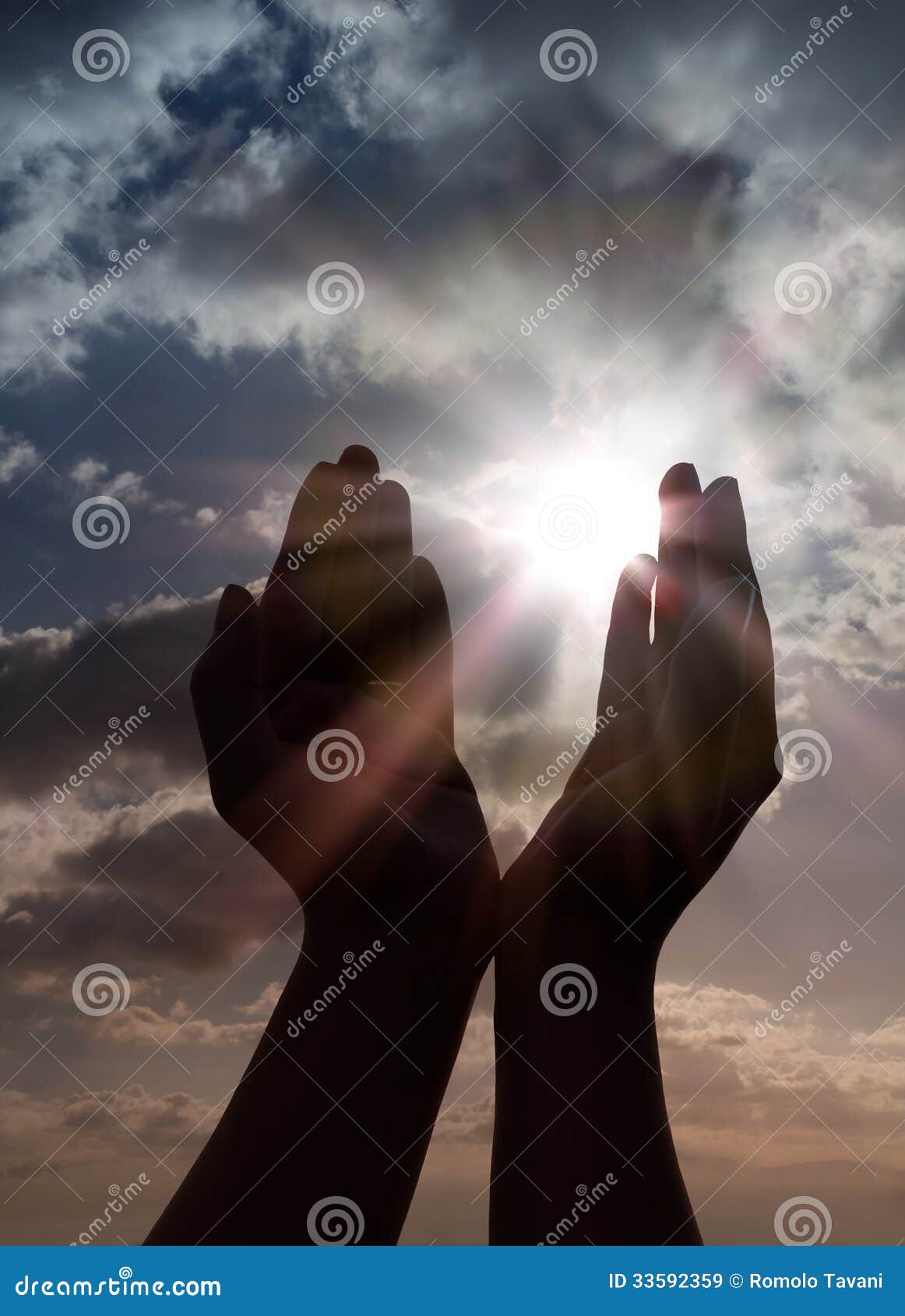 Prayer with hands to sun stock image. Image of point - 33592359