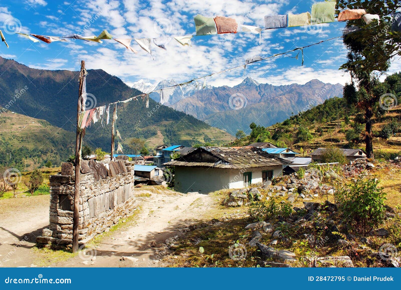 Prayer Wall, Flags and Village in Nepal Stock Image - Image of country ...