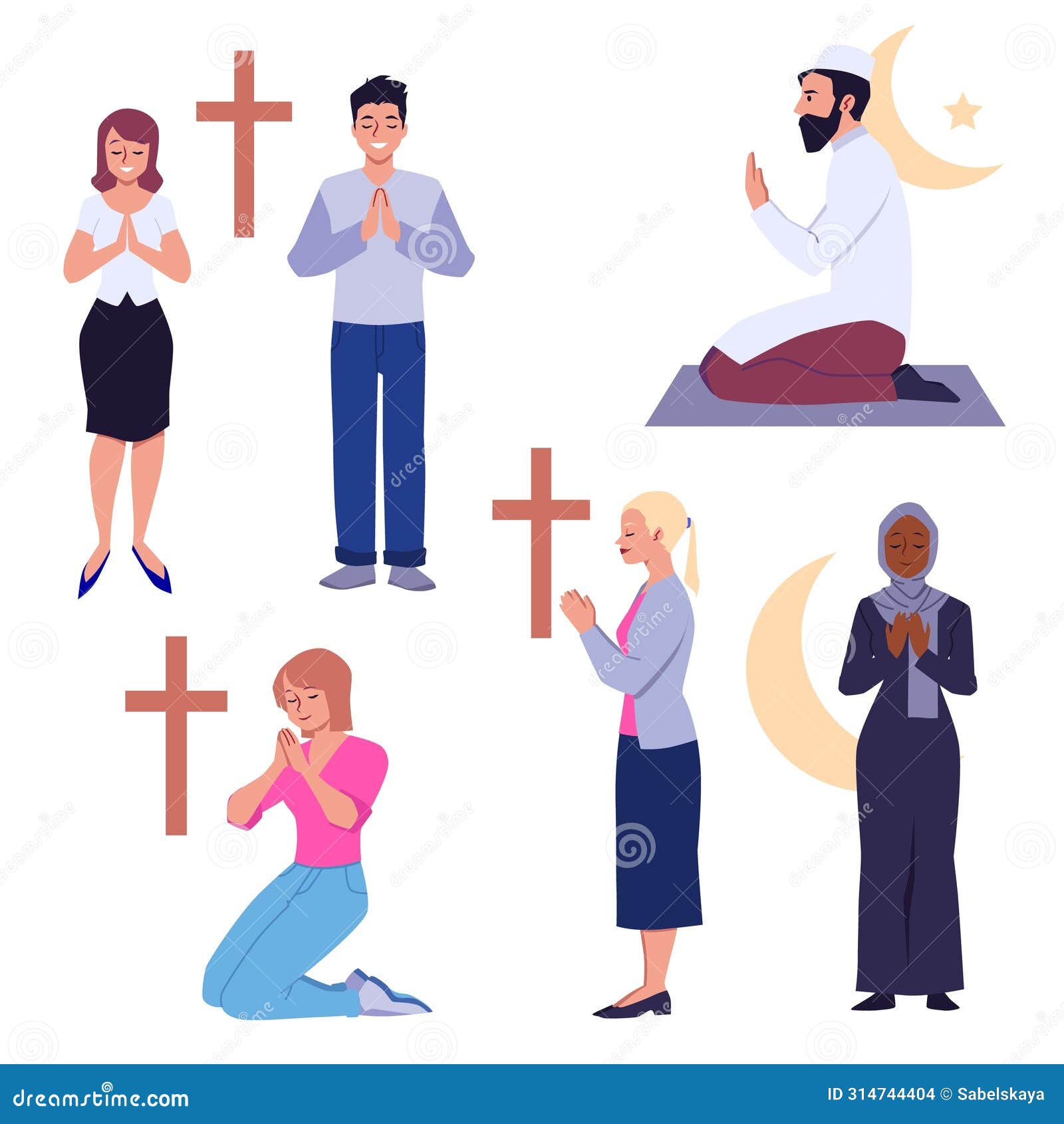 Prayers of Various Religions Explore Holy Practices, Flat Vector ...