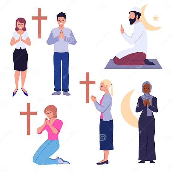 Prayers of Various Religions Explore Holy Practices, Flat Vector ...