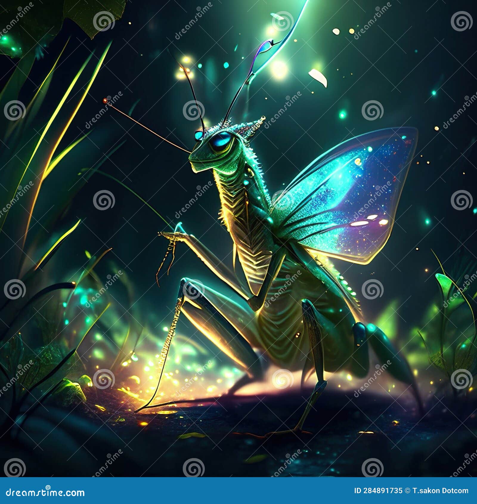 Praying Mantis in the Night Forest. 3D Rendering Generative AI Stock ...