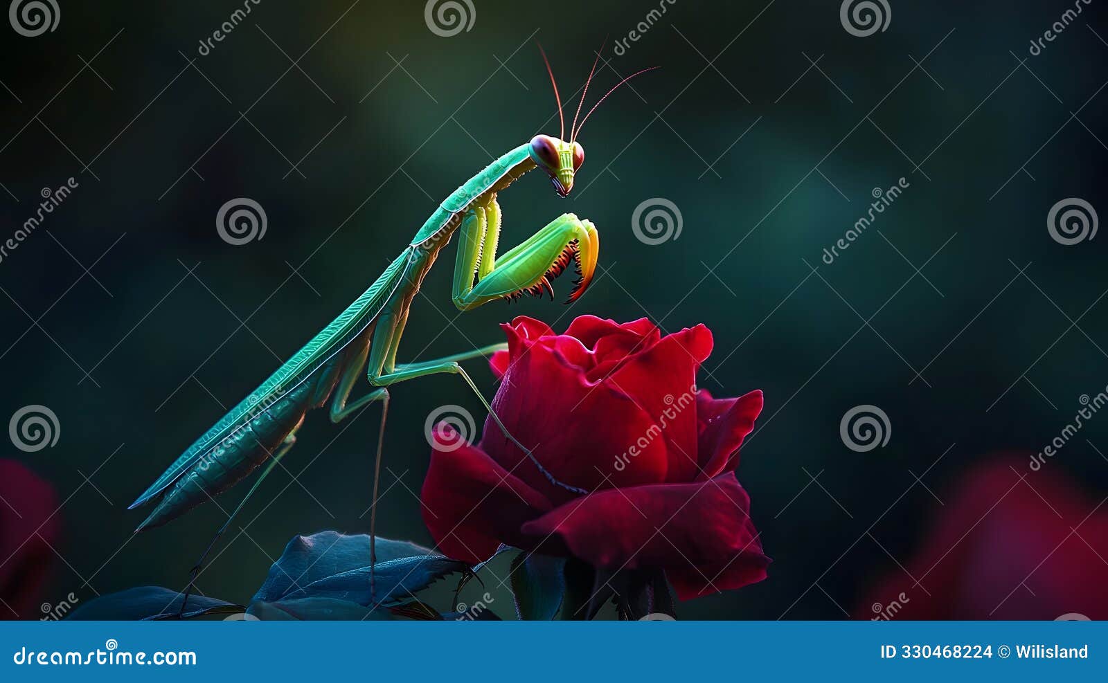 A Praying Mantis Standing on a Red Rose with Its Front Legs Raised ...
