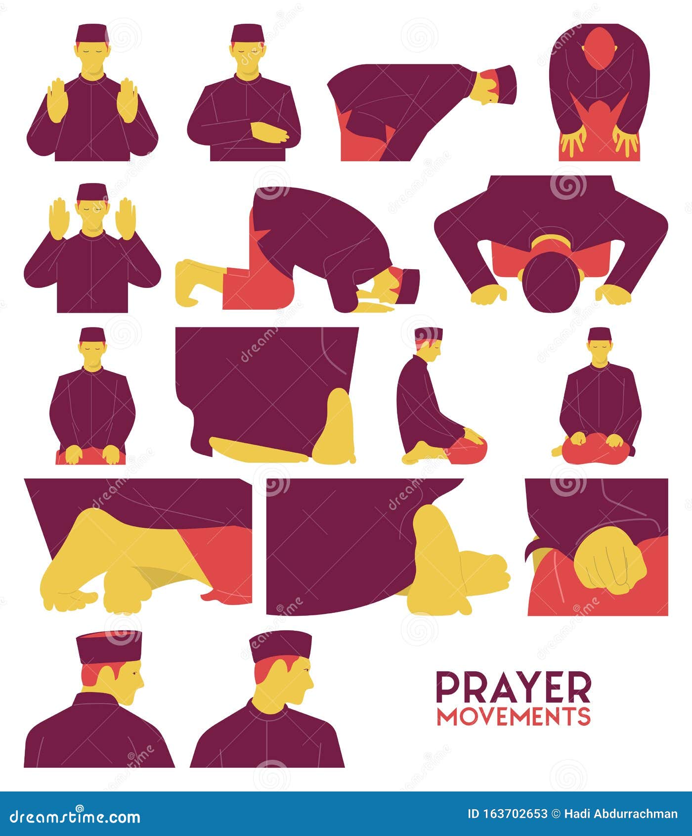 Praying Movements of a Muslim Man in Flat Vector Set Illustration Stock ...