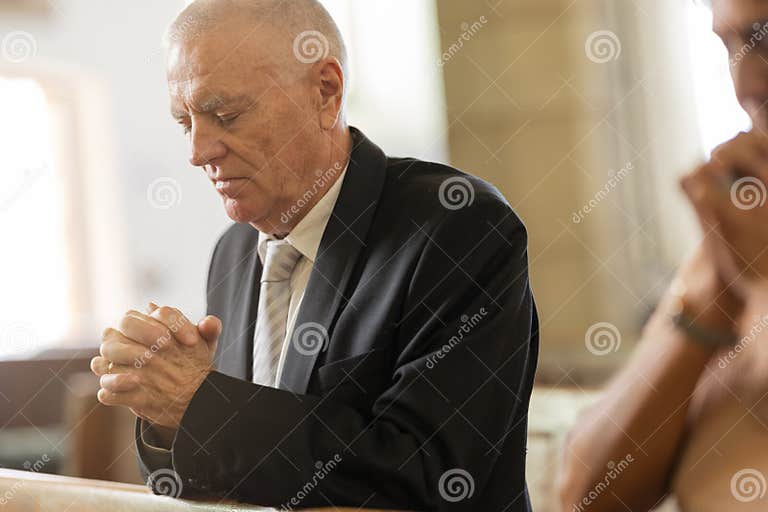 Praying Religion And Senior Man In Church For Spiritual Christian Worship Faith And Belief