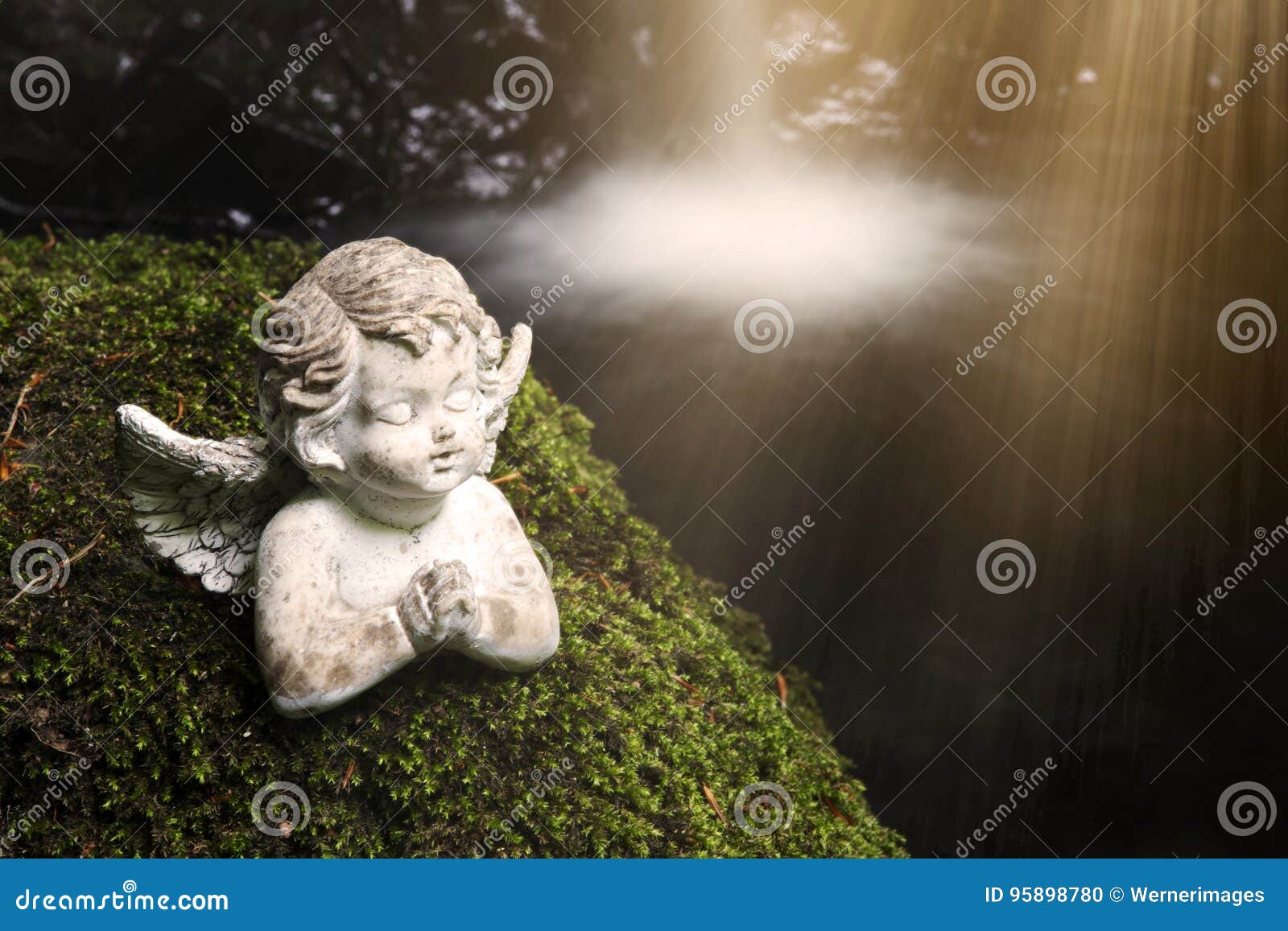 Praying Stone Angel on Moss in Front of Waterfall Stock Photo - Image ...