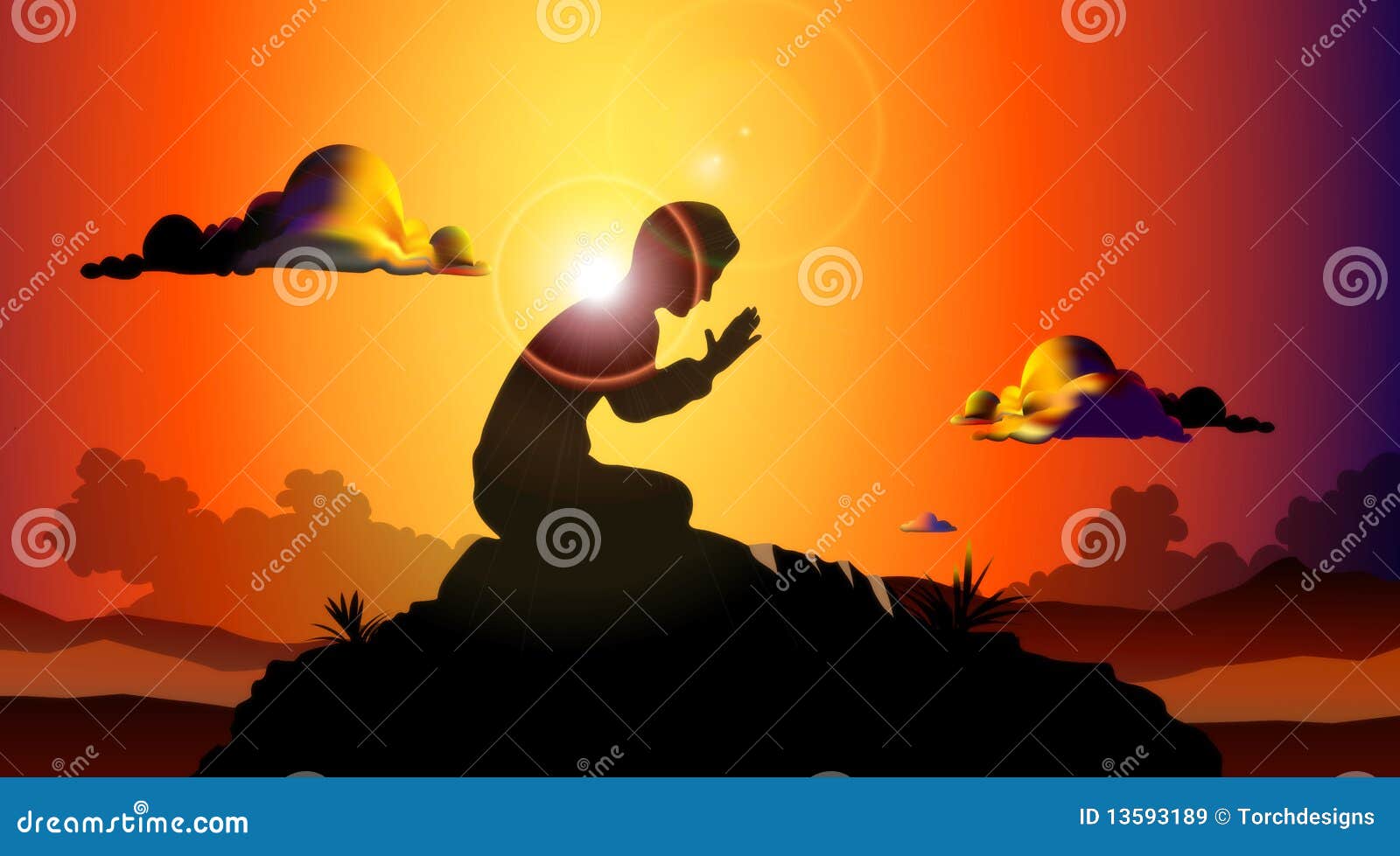 Praying at Sunset stock illustration. Illustration of thankful - 13593189