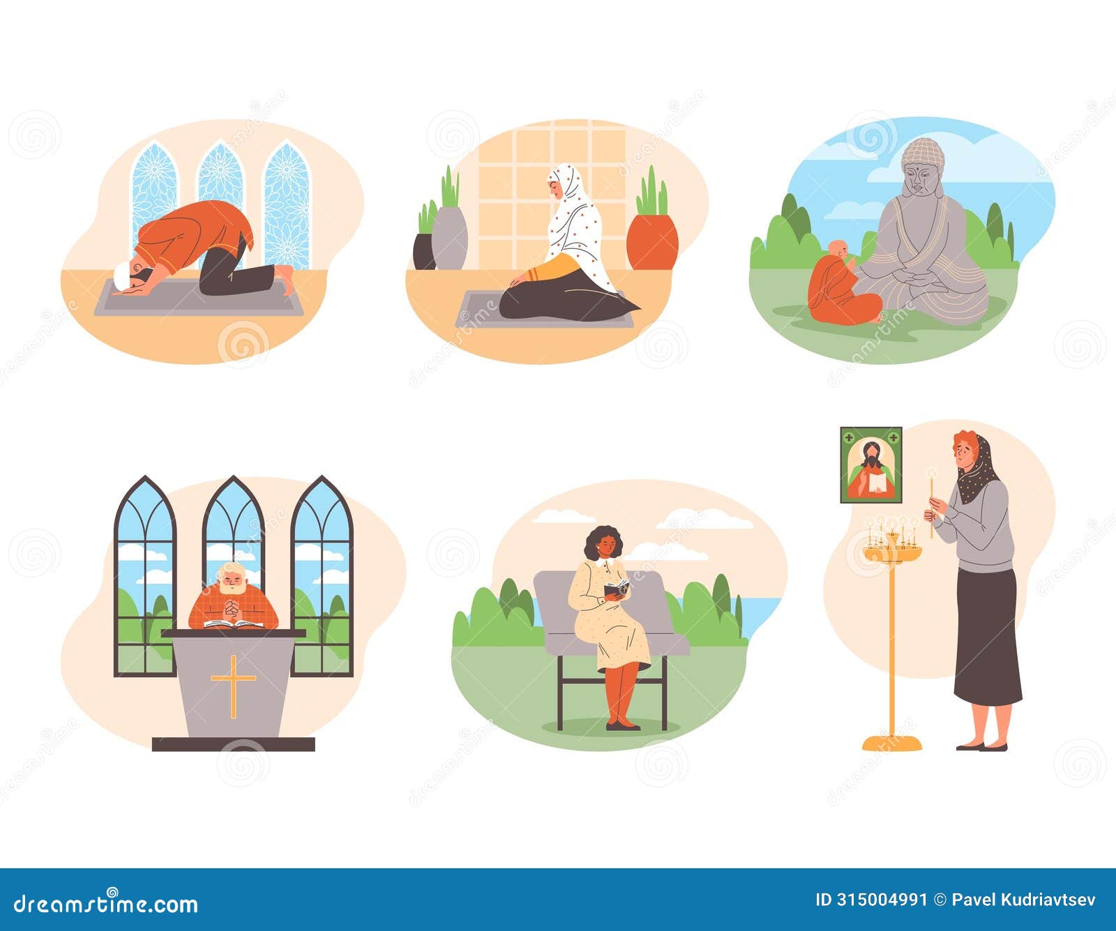 Praying Tradition of Various Religions and Customs, Vector Illustration ...