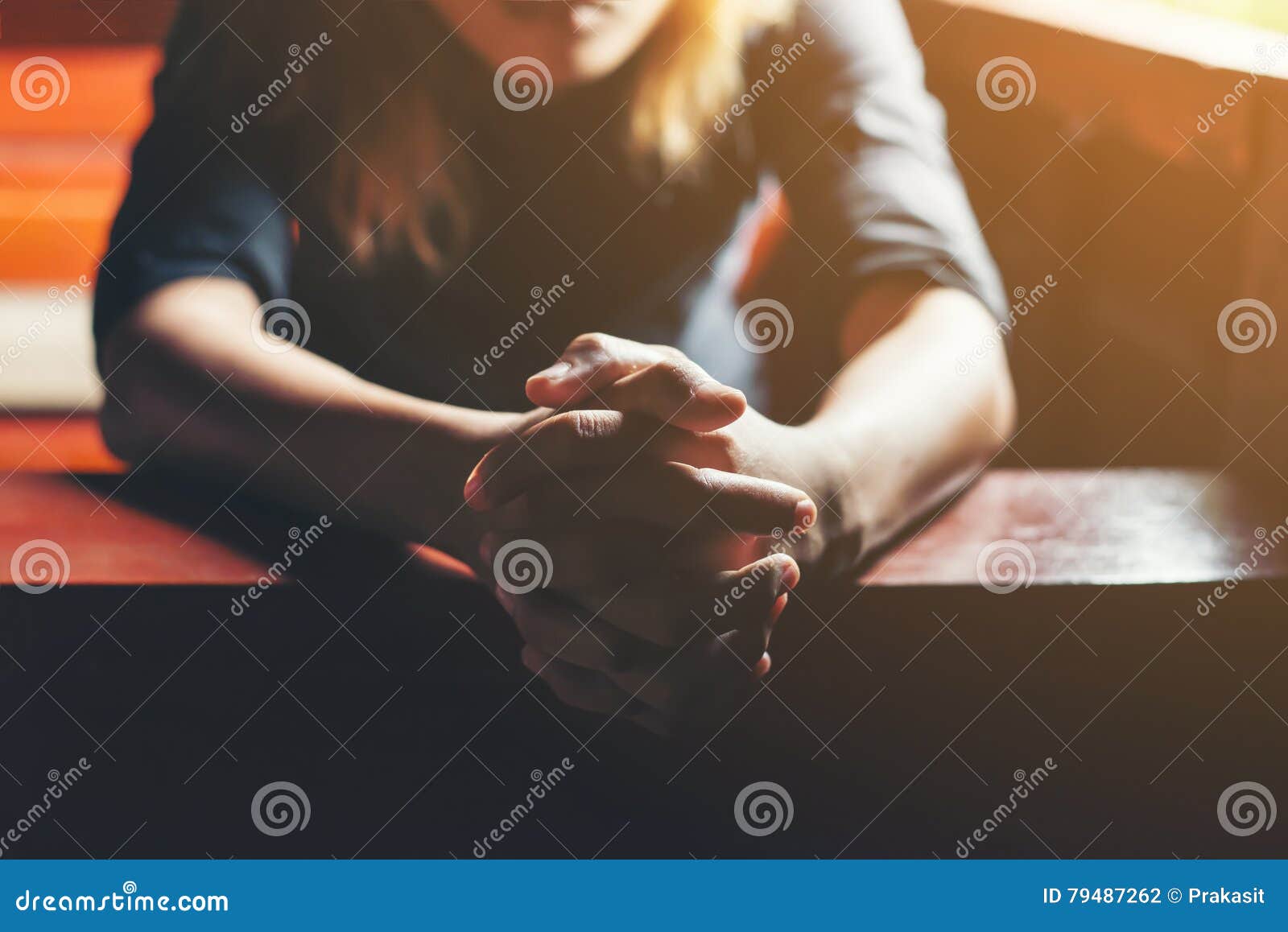 Praying Woman Sitting on Bench. Stock Photo - Image of praying, signs ...