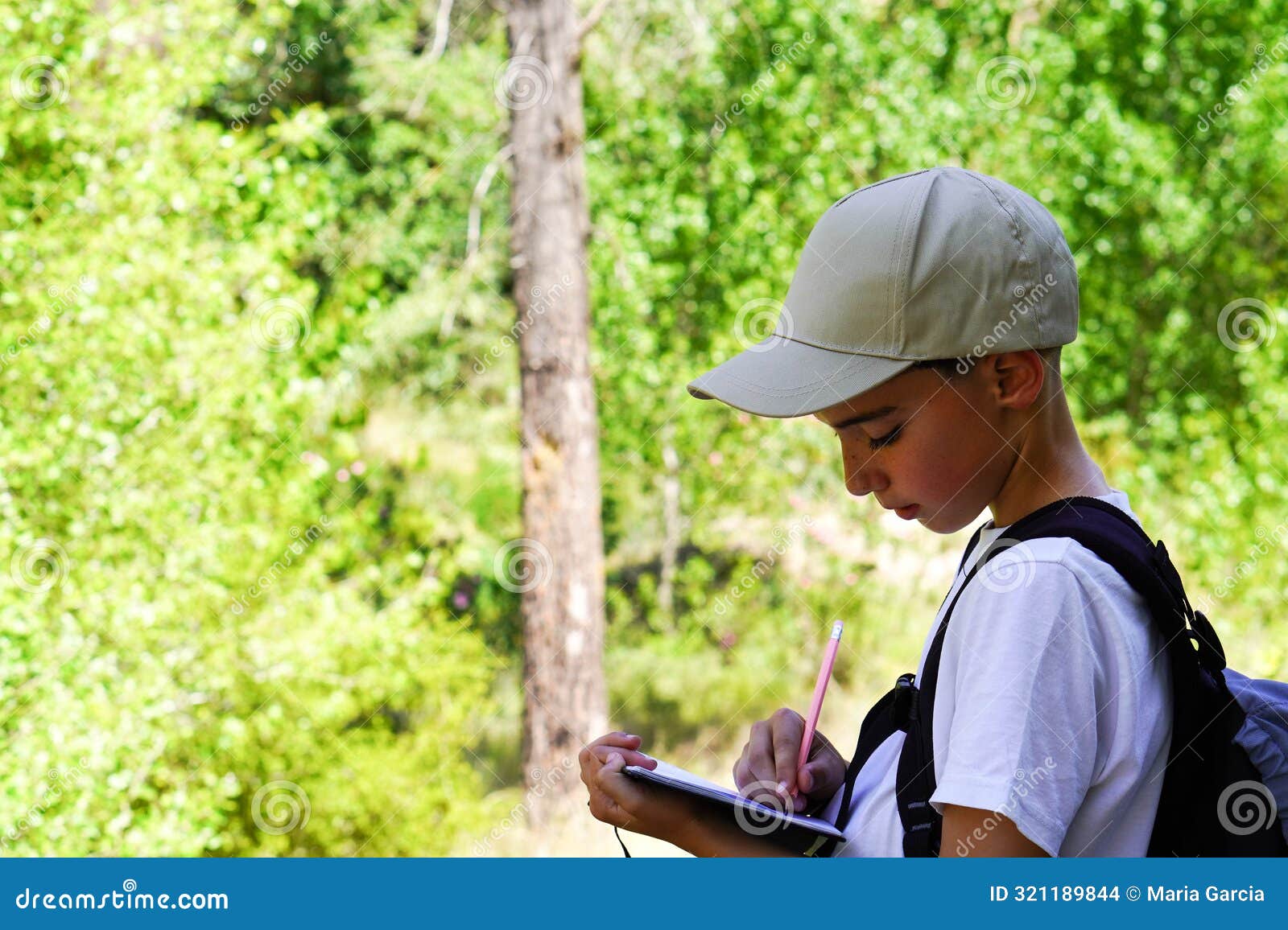 Pre-adolescent Boy Taking Notes in Nature Stock Photo - Image of ...