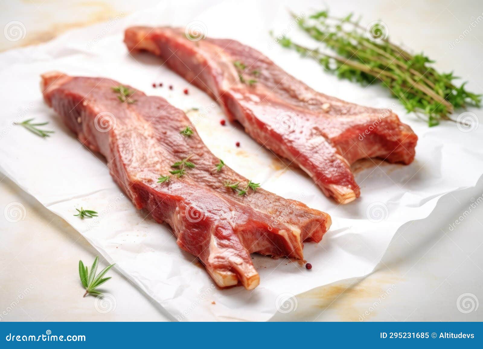 Pre-cooked Dry Rubbed Pork Ribs on White Parchment Paper Stock Image ...