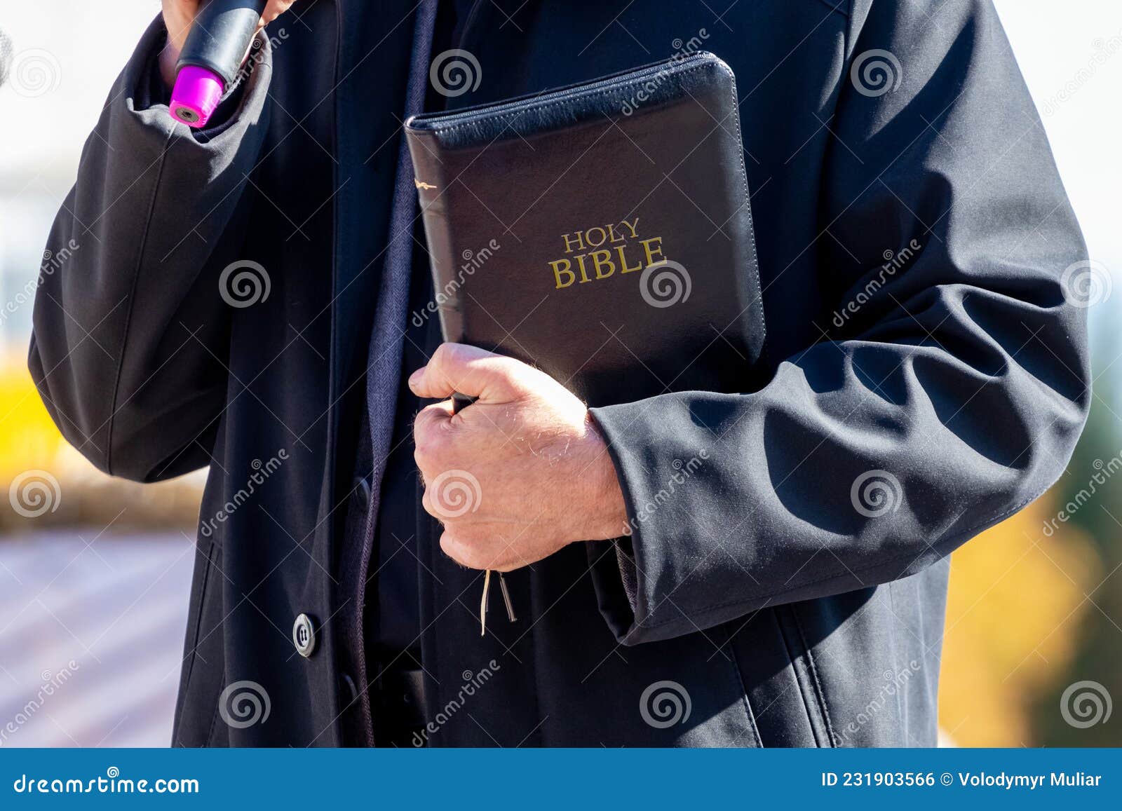 Preacher with Bible and Microphone during Sermon Stock Photo - Image of ...